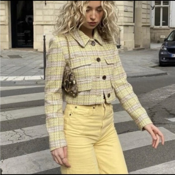 Zara | Jackets & Coats | Zara Yellow Plaid Cropped Blazer | Poshmark